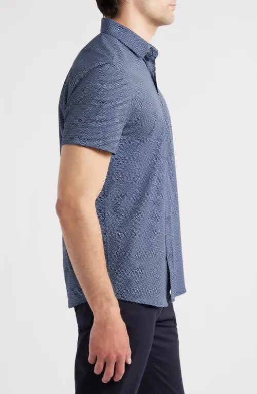 W.R.K Trim Fit Hexagon Print Short Sleeve Performance Button-up Shirt - Navy