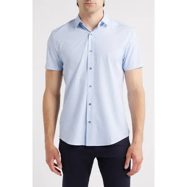 W.R.K Trim Fit Floral Medallion Print Short Sleeve Performance Button-up Shirt - Light Blue