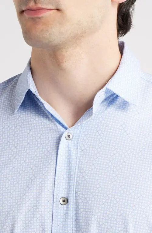 W.R.K Trim Fit Floral Medallion Print Short Sleeve Performance Button-up Shirt - Light Blue