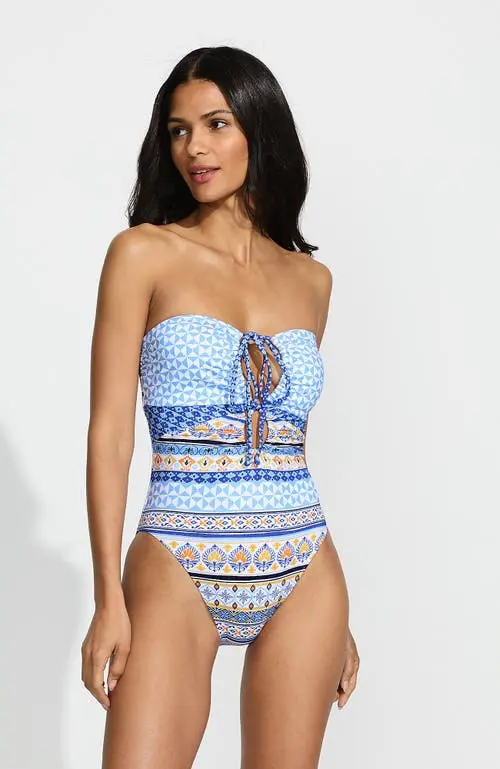 LANDS' END Ruched Multi-way One Piece Swimsuit - White Mosaic Multi Stripe