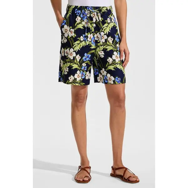 LANDS' END Linen High-rise 7" Shorts - Deep Sea/blue Floral Tropic