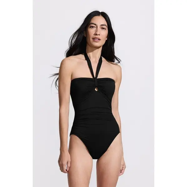 LANDS' END Slender Suit Multi-way Bandeau High Leg One Piece Swimsuit - Black
