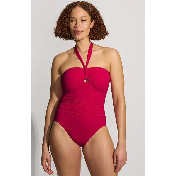 LANDS' END Slender Suit Multi-way Bandeau High Leg One Piece Swimsuit - Coral Ruby