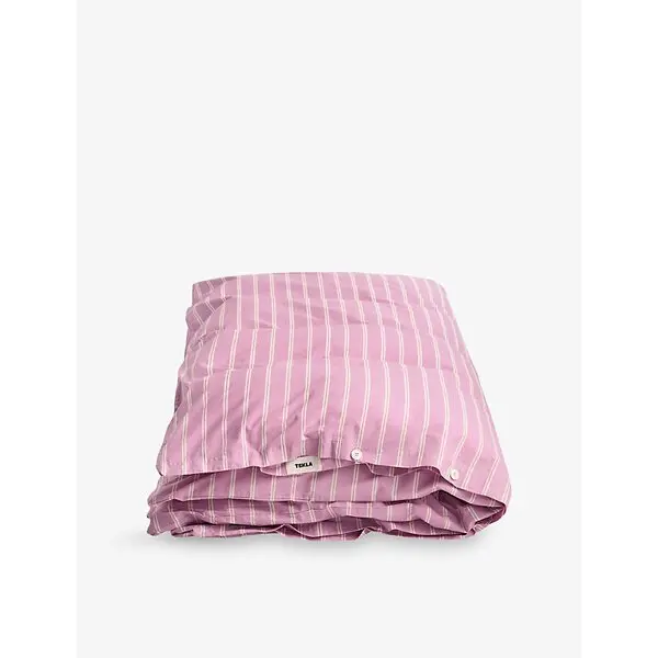 TEKLA Percale Super-king Cotton Duvet Cover - Mallow Pink Stripes