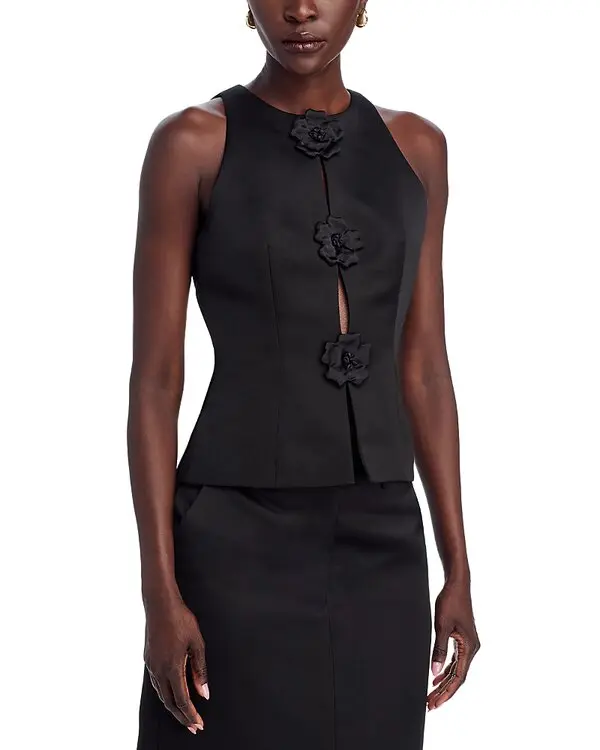 LEO LIN Amelia Top With Embellished Flowers - Ebony