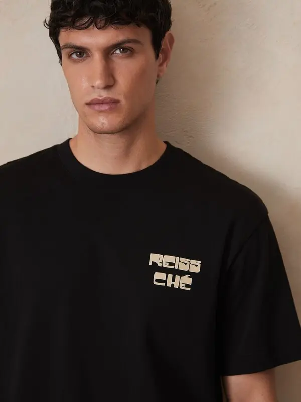 REISS Roda | Ché Cotton Palm-print T-shirt - Black