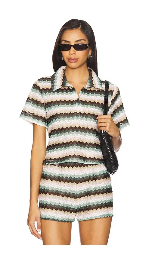 LOVERS AND FRIENDS Knit Zigzag Polo Top - Sage Multi