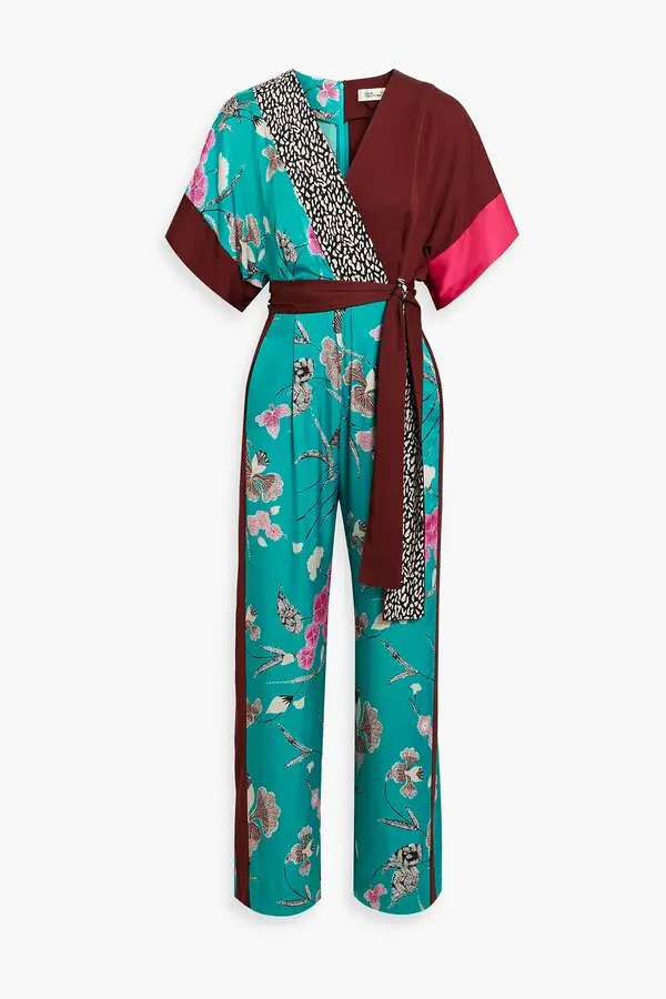Diane Von Furstenberg Rinna Printed Satin Jumpsuit - Turquoise
