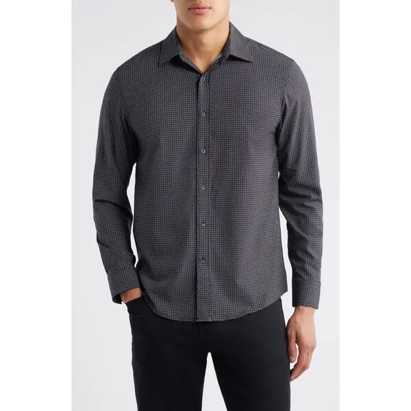 W.R.K Trim Fit Dash Duo Geo Print Performance Button-up Shirt - Black