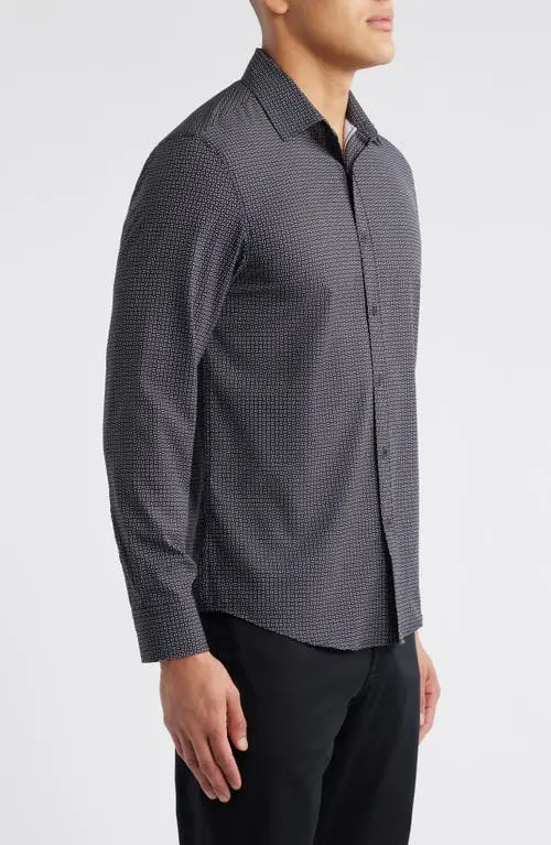 W.R.K Trim Fit Dash Duo Geo Print Performance Button-up Shirt - Black