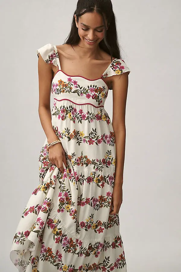 chinese dress ladies Tiered Maxi Dress W/Flutter Sleeves - Pinch