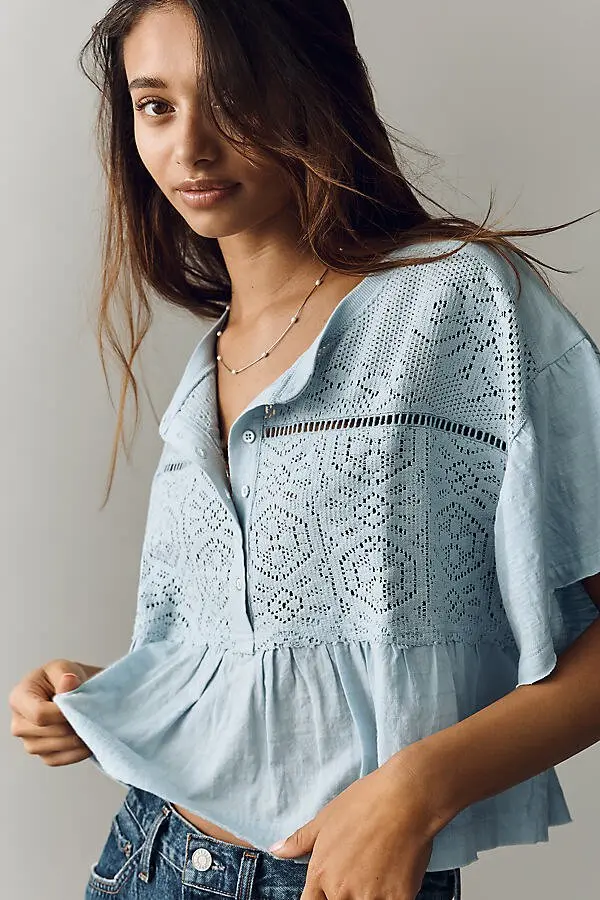 PILCRO Boxy Crochet Babydoll Blouse - Skyway