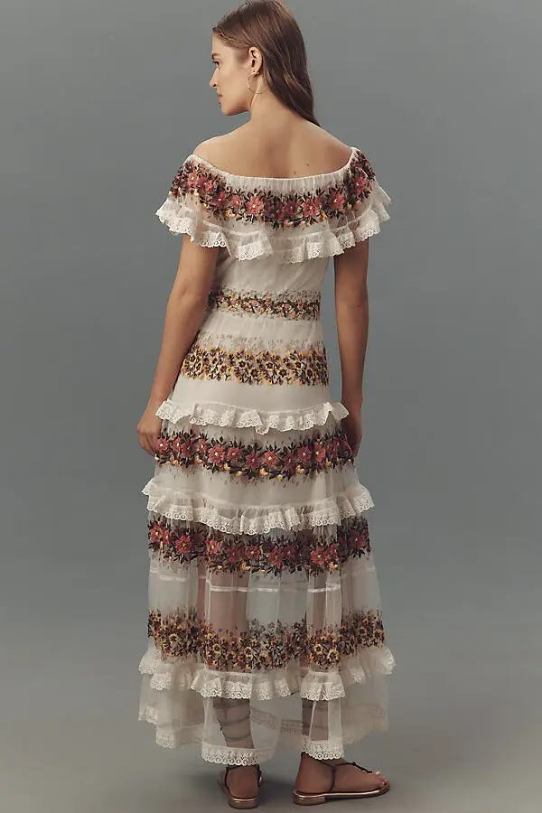 Anthropologie Ruffle-Sleeve V-Neck Embroidered Tulle Tiered Maxi Dress In  Ivory - 40% Off | Editorialist
