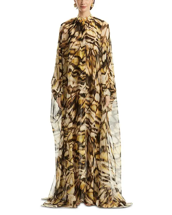 Oscar De La Renta Long Sleeve Abstract Butterfly Silk Chiffon Caftan
