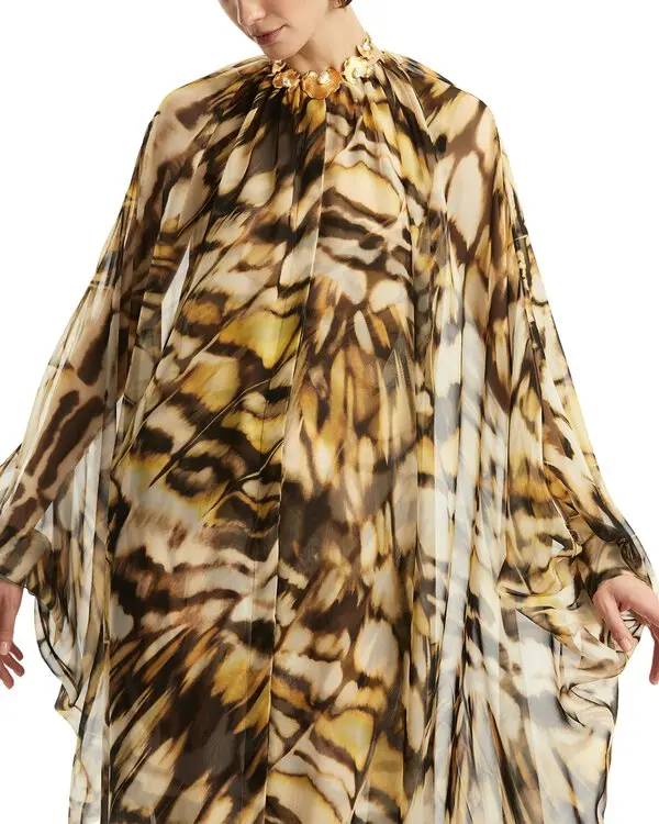 Oscar De La Renta Long Sleeve Abstract Butterfly Silk Chiffon Caftan