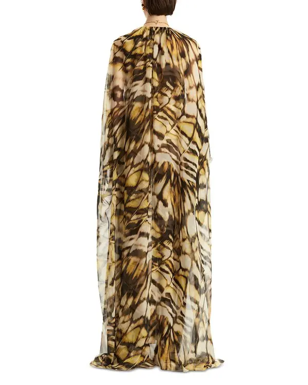 Oscar De La Renta Long Sleeve Abstract Butterfly Silk Chiffon Caftan