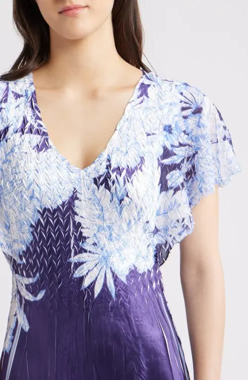 Komarov Flutter Sleeve Charmeuse & Chiffon Maxi Cocktail Dress In Indigo  Tropics - 61% Off | Editorialist