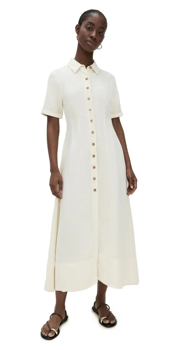 knee length dresses for ladies A-Line Short Sleeve Midi Shirt Dress White M