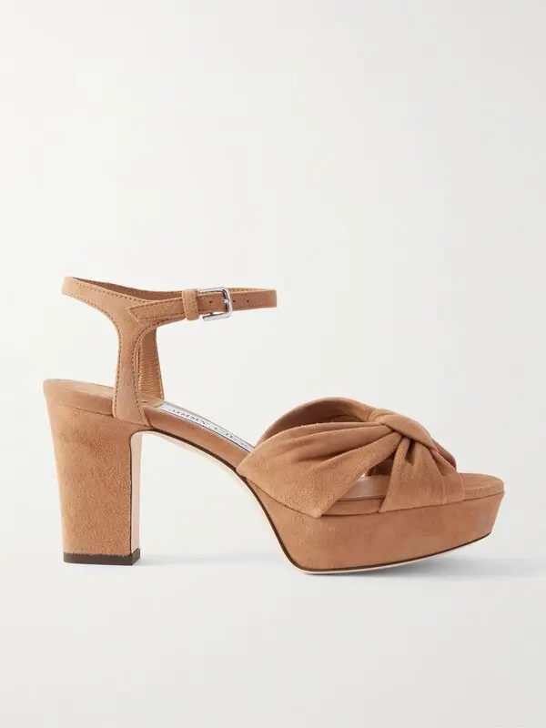 JIMMY CHOO Heloise 80 Knotted Suede Platform Sandals - Brown