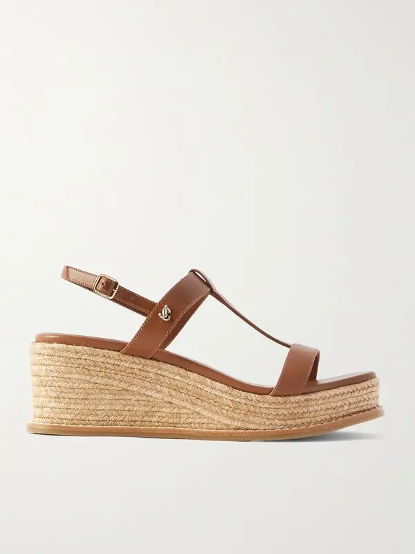JIMMY CHOO Theia 60 Leather Espadrille Wedge Sandals - Brown