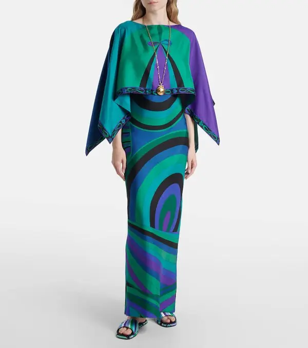 Emilio Pucci Iride Silk Twill Maxi Dress And Cape Set - Green