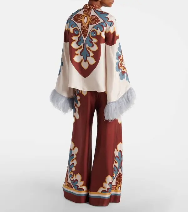 La DoubleJ Feather-trimmed Silk Top - Multicoloured