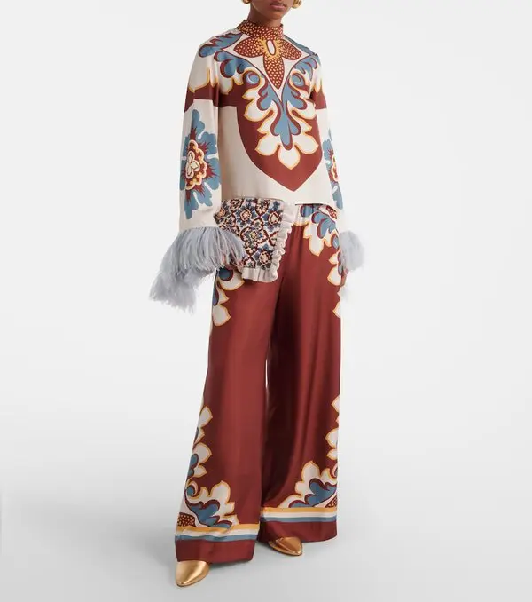 La DoubleJ Feather-trimmed Silk Top