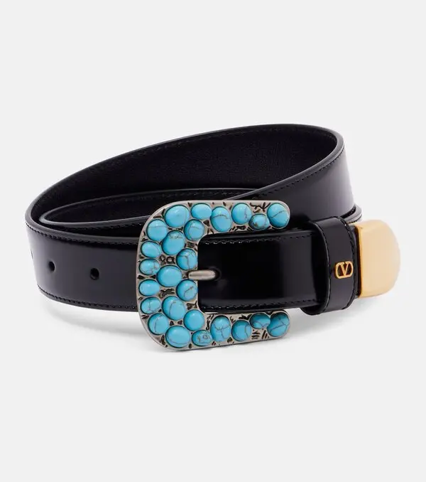 Valentino Garavani Vlogo Embellished Leather Belt - Black