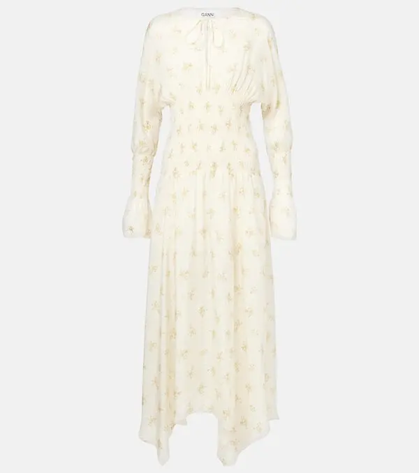 GANNI Printed Smocked Maxi Dress - Beige