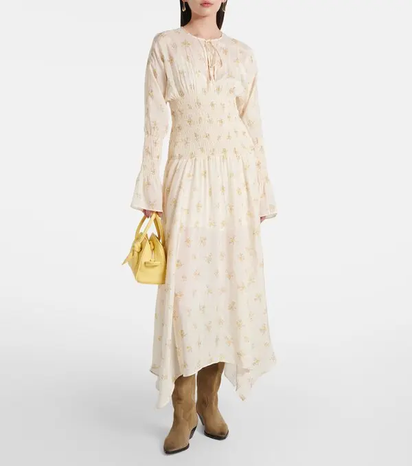 GANNI Printed Smocked Maxi Dress - Beige
