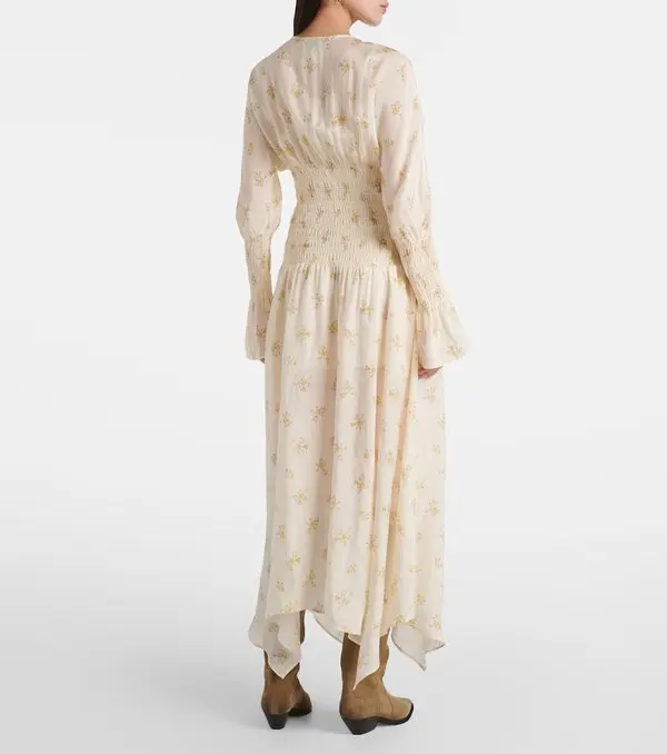 GANNI Printed Smocked Maxi Dress - Beige