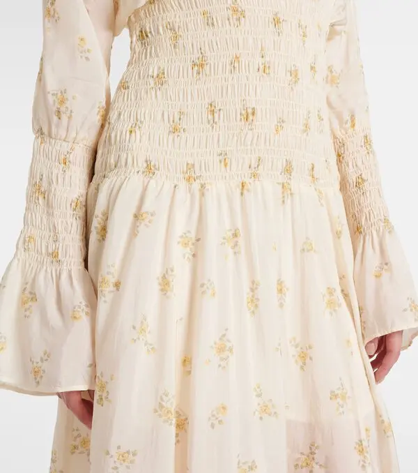 GANNI Printed Smocked Maxi Dress - Beige