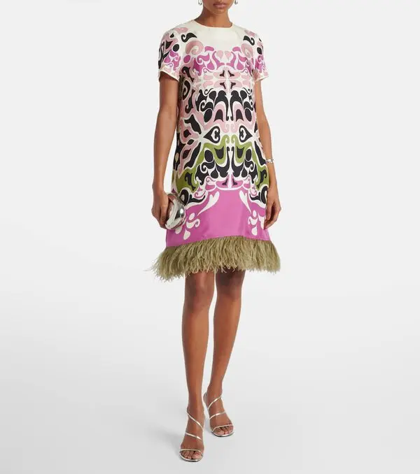 La DoubleJ Mini Swing Feather-trimmed Minidress - Multicoloured
