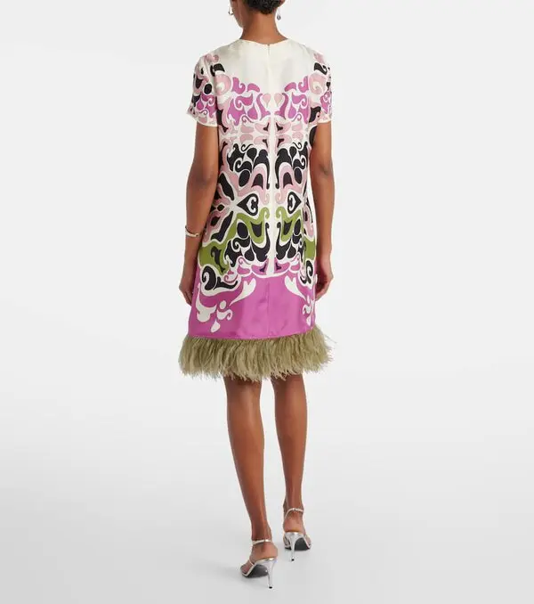 La DoubleJ Mini Swing Feather-trimmed Minidress - Multicoloured