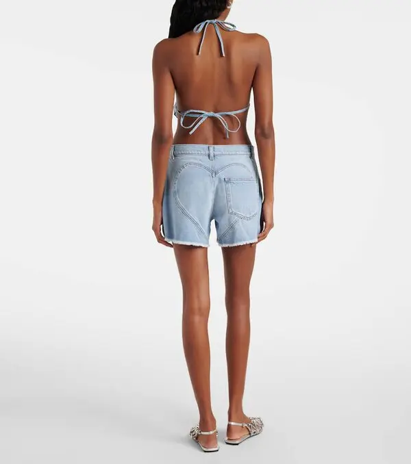 AREA Embellished Denim Shorts - Blue