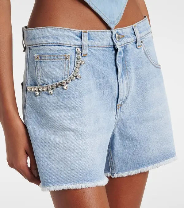 AREA Embellished Denim Shorts - Blue