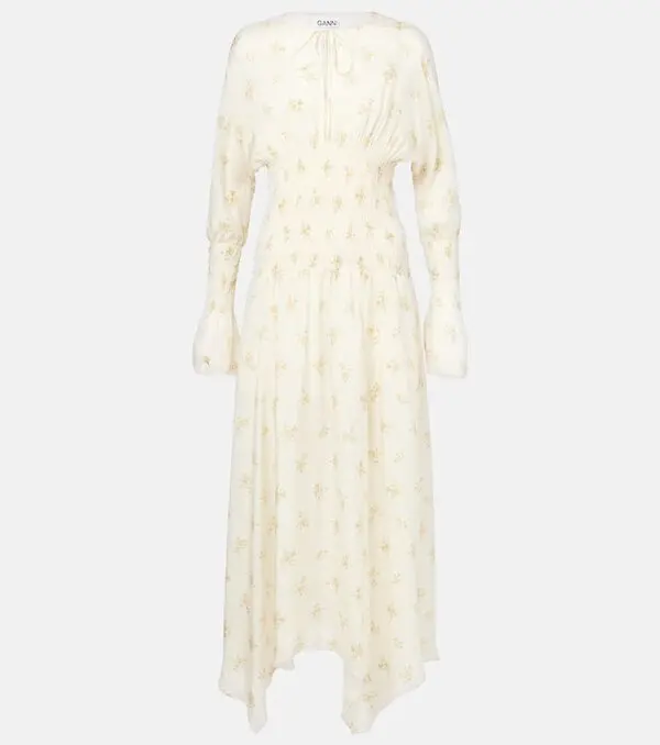 GANNI Printed Smocked Maxi Dress