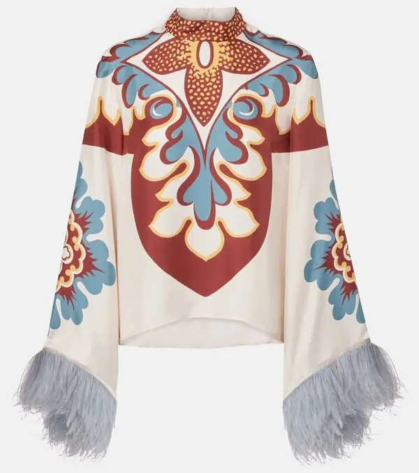 La DoubleJ Feather-trimmed Silk Top - Multicoloured