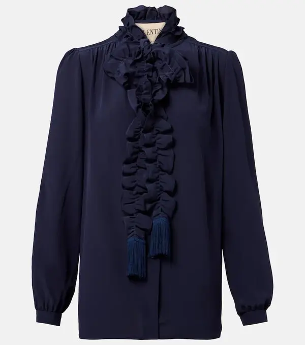 Valentino Garavani Ruffled Silk Crepe De Chine Blouse - Blue