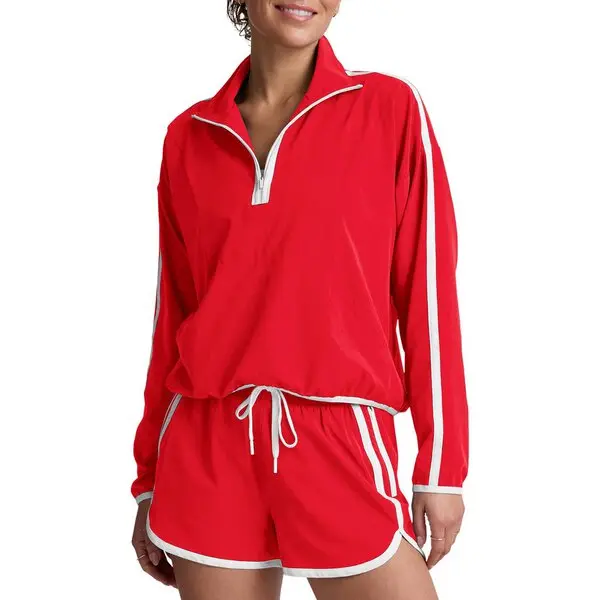 Beyond Yoga Course Contrast Half-zip Pullover - Chili Red/true White