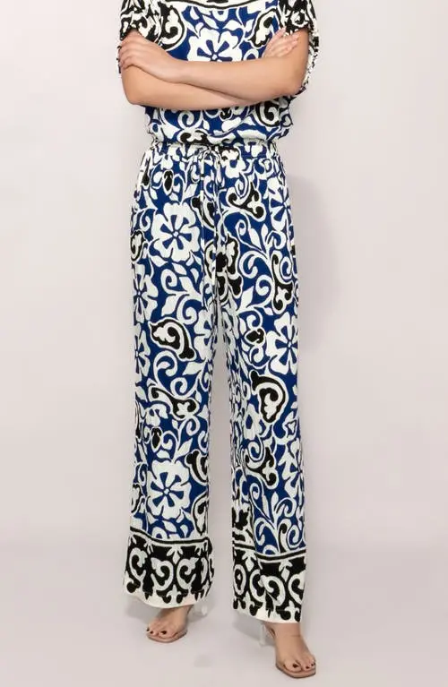 MELLODAY Floral Print Ankle Pants - Blue Black Multi
