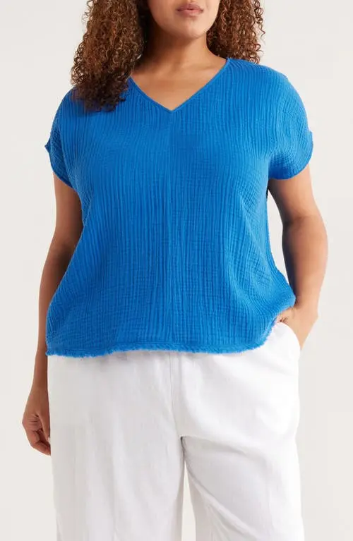 Eileen Fisher V-neck Dolman Sleeve Organic Cotton Gauze Top - Bluebird