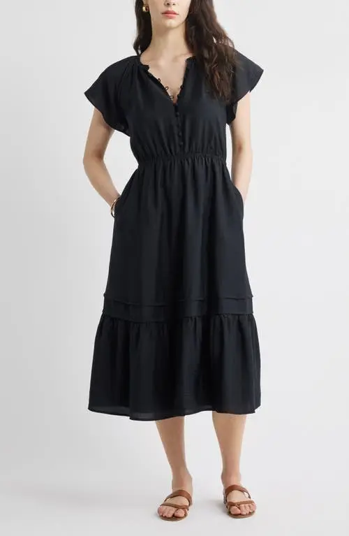 Caslon Front Button Midi Dress - Black