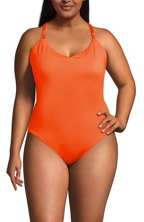 LANDS' END Tugless Quickdry V-neck High Leg One Piece Swimsuit - Neon Tangerine