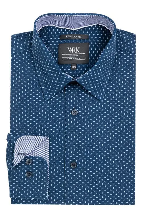 W.R.K Regular Fit Dash Print Performance Dress Shirt - Navy