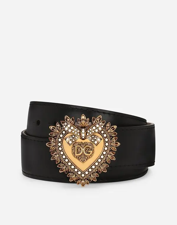 Dolce & Gabbana Devotion Leather Belt With Bejeweled Heart Buckle - Black