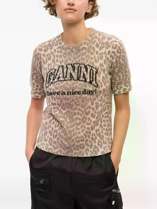 GANNI Intarsia-knit Logo T-shirt - Neutrals