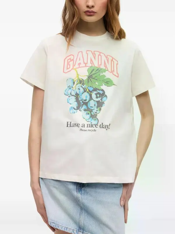 GANNI Grapes Print Organic Cotton T-shirt - Neutrals