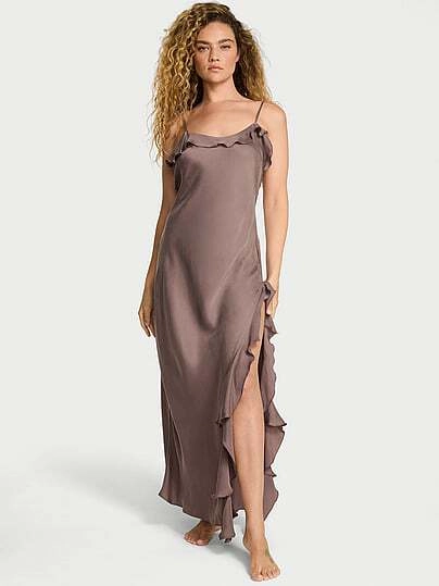 Victoria's Secret Silky Flutter Ruffled Long Slip - Grey