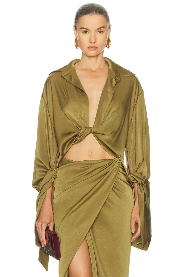 Atlein Draped Cropped Shirt - Vert Militaire